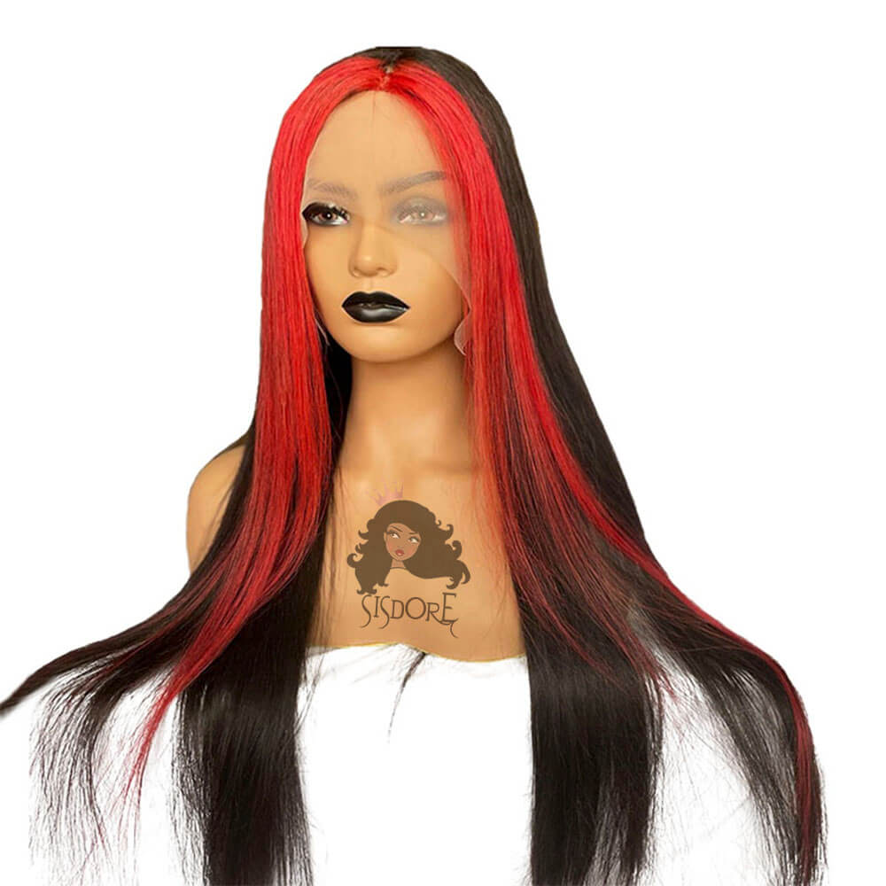 Red Skunk Stripe Wigs | Black Straight Hair with Red Streaks – SISDORE